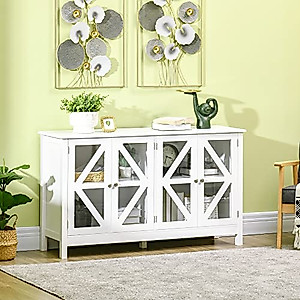 HOMCOM Sideboard, Buffet Cabinet with Tempered Glass Doors and Adjustable Storage Shelf, Credenza, White