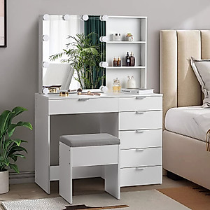 Karl home Vanity Desk with Sliding Mirror, 6-Drawer Makeup Vanity, Bedroom Makeup Desk, Vanity Table with Adjustable Brightness & 3 Colour Light Modes,White