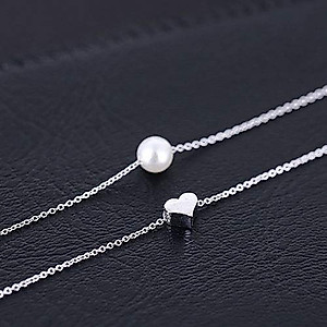 Artmiss Initial Heart Layered Pearl Pendant Necklace Silver Women Double Chain for Women