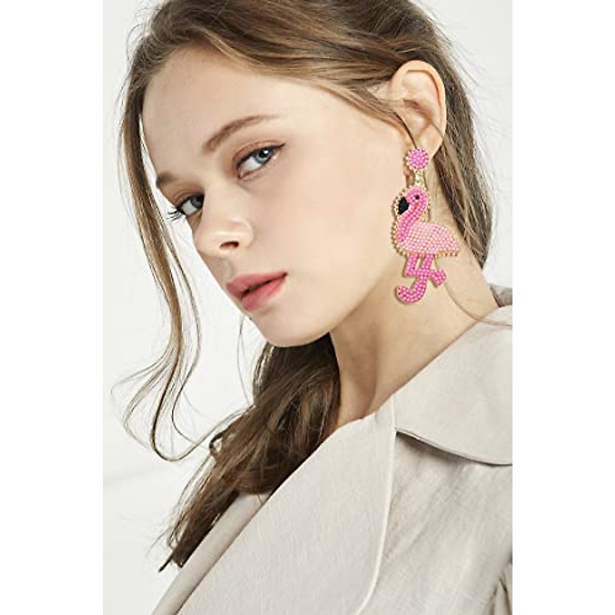 Beaded Flamingo Earrings for Women Handmade Boho Tropical Bird Earrings Statement Pink Animal Flamingo Drop Dangle Earrings Summer Beach Jewelry Gift