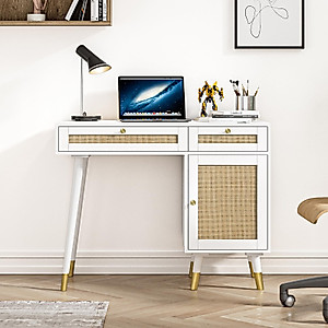 Anmytek Rattan Vanity Desk with Drawers and Storage, White Makeup Vanity Table Modern Home Office Desk Computer Desk for Study D0006