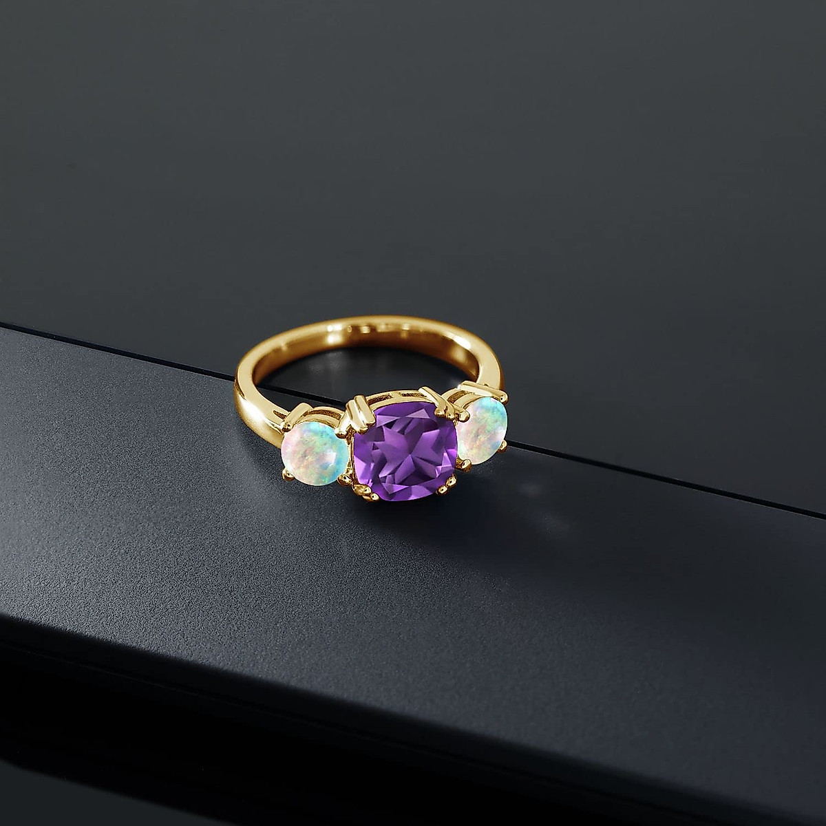 Gem Stone King 18K Yellow Gold Plated Silver Purple Amethyst and Simulated White Opal 3 Stone Engagement Ring For Women (3.10 Cttw, Gemstone February Birthstone, Cushion 8MM, Size 9)