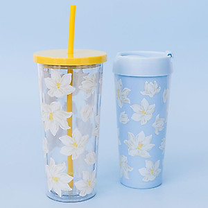 Draper James Travel Tumbler with Lid and Straw, 24 Ounce Insulated Cup, Clear Floral Plastic Double Wall Tumbler, Magnolias
