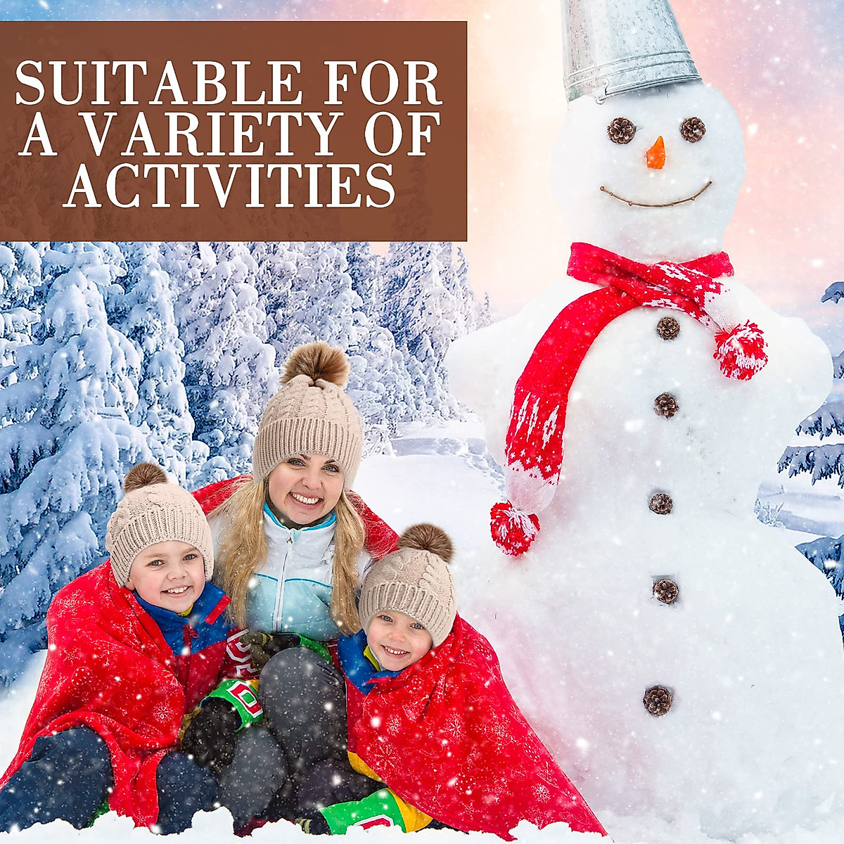 3 Pcs Parent Child Hat Knitted Baby Beanie Mother Daughter Hat Warm Knit Hat Pom Pom Parent Baby Beanie Hats for Winter (Beige)