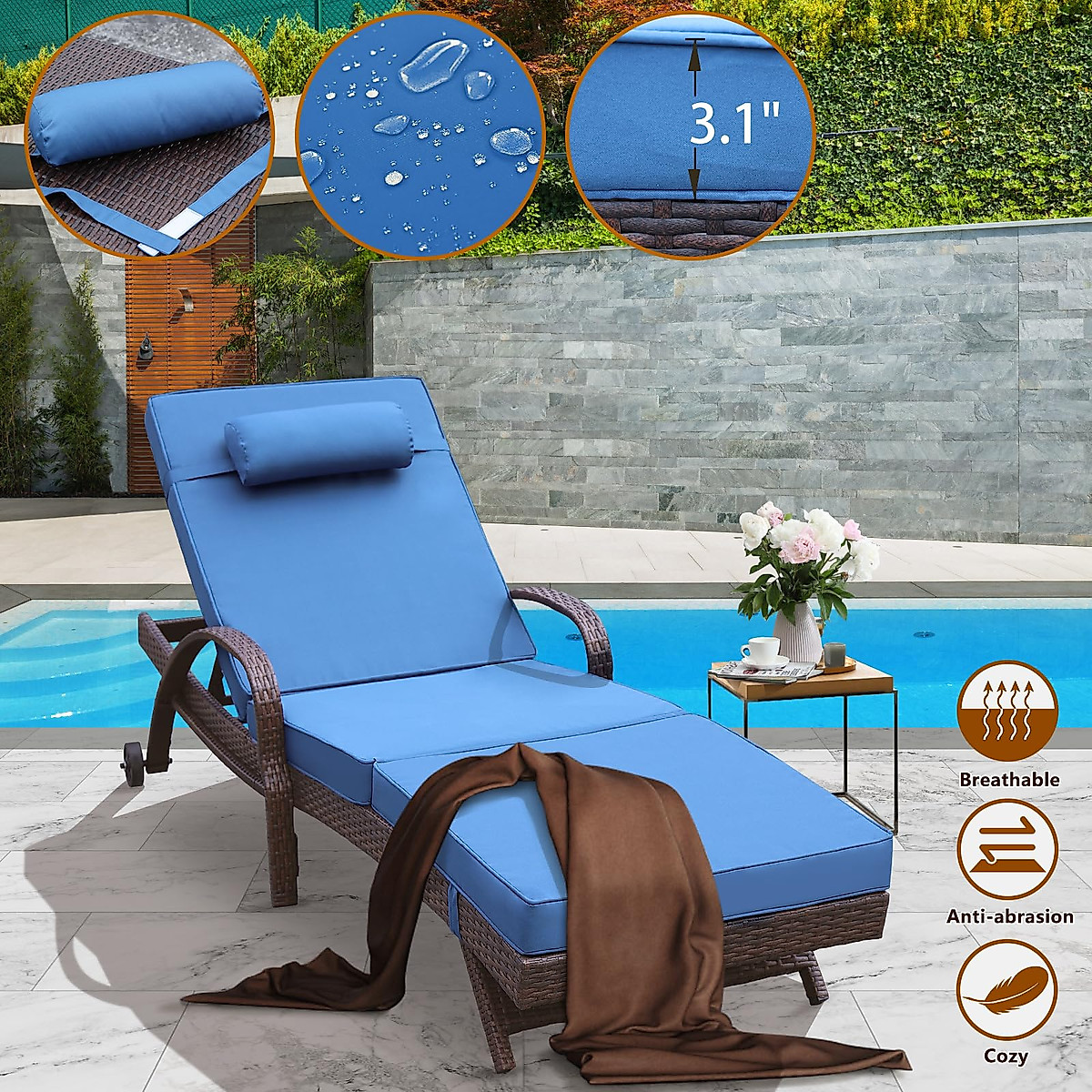 NOBLEMOOD Outdoor Lounge Chairs Set of 2 Beach Wikcer Chaise Lounge with Wheels, Cushion, Adjustable Backrest for Outside Pool Sun Shelf Tanning Bathing (Blue)