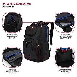 SwissGear Gaming Laptop Backpack with Charger Port (USB), Blue/Black