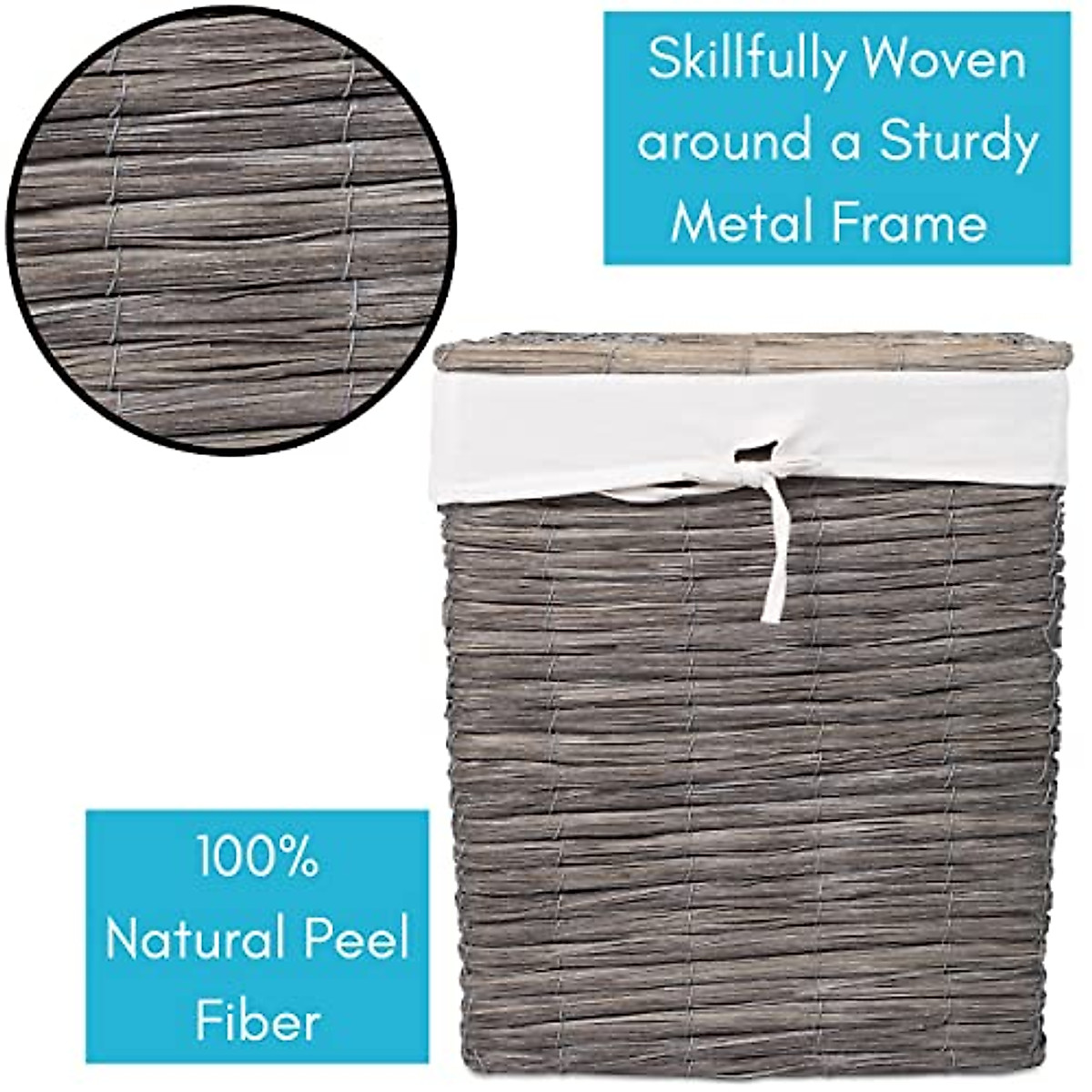 BirdRock Home Rustic Woven Wood Peel Laundry Hamper with Lid - Thin Weave Laundry Basket - Removable Liner - Dirty Clothes Storage Bin - Grey
