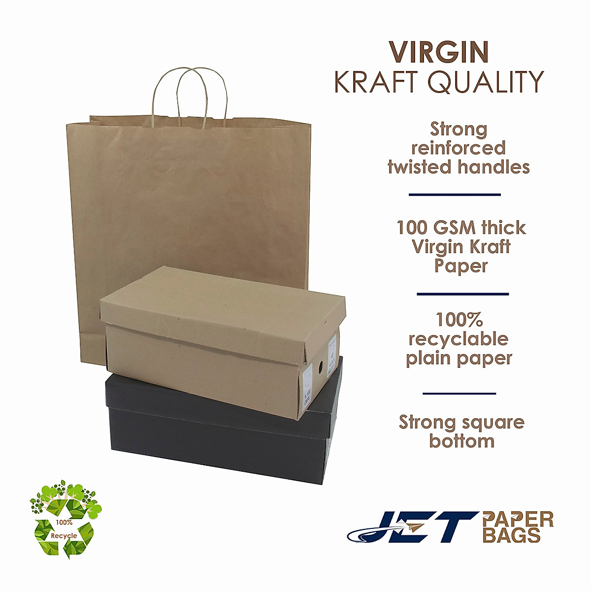 JET PAPER BAGS - 18x5x19.75 Inch [50 Pcs] Large Brown Paper Bags with Handles Prime for Takeout, Grocery, Goody, Retail, Party, Gifts, Weddings - Recyclable Kraft Paper Gift Bags with Handles