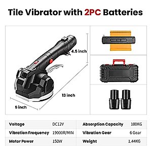 Tile Vibrator, Elikliv 19000 r/min Cordless Tile Tiler Handheld Laying Tiles Leveling Tool Tile Vibration Machine with 2 Batteries, Max 160kg 6 Speeds Vibrator Suction Cup for Tile Leveling Laying