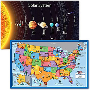 Palace Learning 2 Pack - Solar System Poster for Kids [Long] & Illustrated USA Map (LAMINATED, 18" x 29")