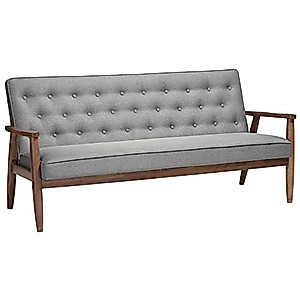 Baxton Studio Sorrento Mid-Century Retro Modern Fabric Upholstered Wooden 3-Seater Sofa, Grey 70.59 x 29.45 x 32.96
