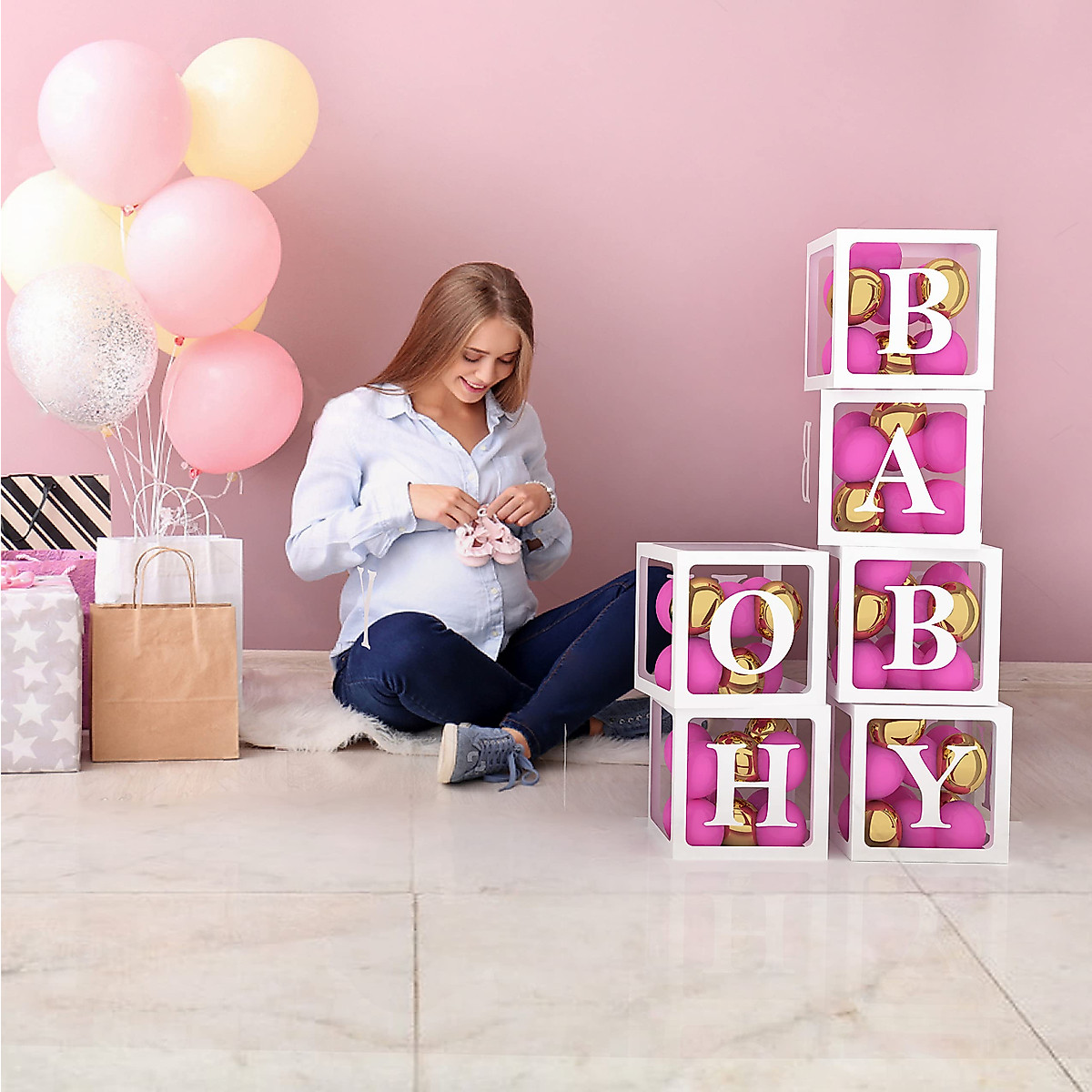 POSHBEBE Baby Shower Decorations for Girl and Boy - 6 Clear Boxes with OH and BABY Stickers - Gender Reveal Transparent Box for Balloons, Birthday, Bridal Shower And Wedding Decorations