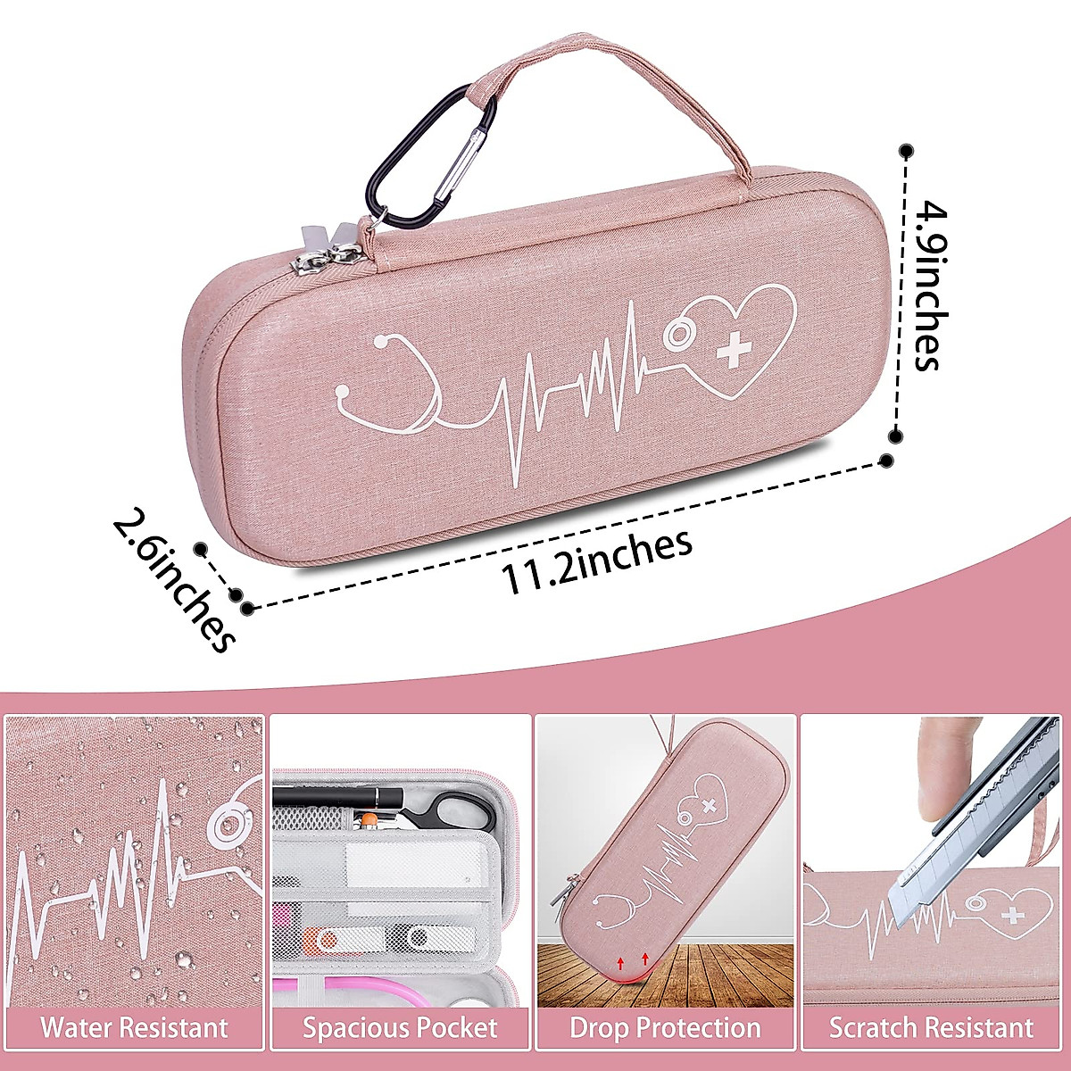 HESPLUS Stethoscope Case for MDF Acoustica/MD One, 3M Littmann Classic III/Lightweight II S.E/Cardiology IV Diagnostic/CORE Digital Stethoscopes, Includes Mesh Pocket for Nurse Accessories - Pink
