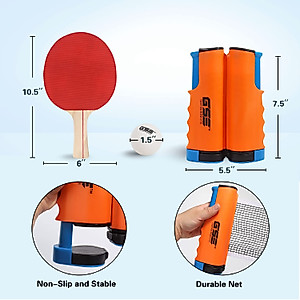 GSE Ping Pong Paddle Set, Portable Table Tennis Set with Retractable Ping Pong Net & Post, 2 Paddles & 3 Ping Pong Balls, Anywhere to-Go Ping Pong Game Set for Any Tables(Orange)