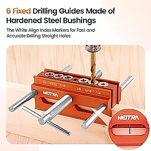 Neitra Self Centering Doweling Jig - 6 Drill Guides for Straight Holes, Adjustable Width Up to 6.75", All Metal Drilling Hole Kit for Wood Dowel Jig, Professional Woodworking Joints Tool