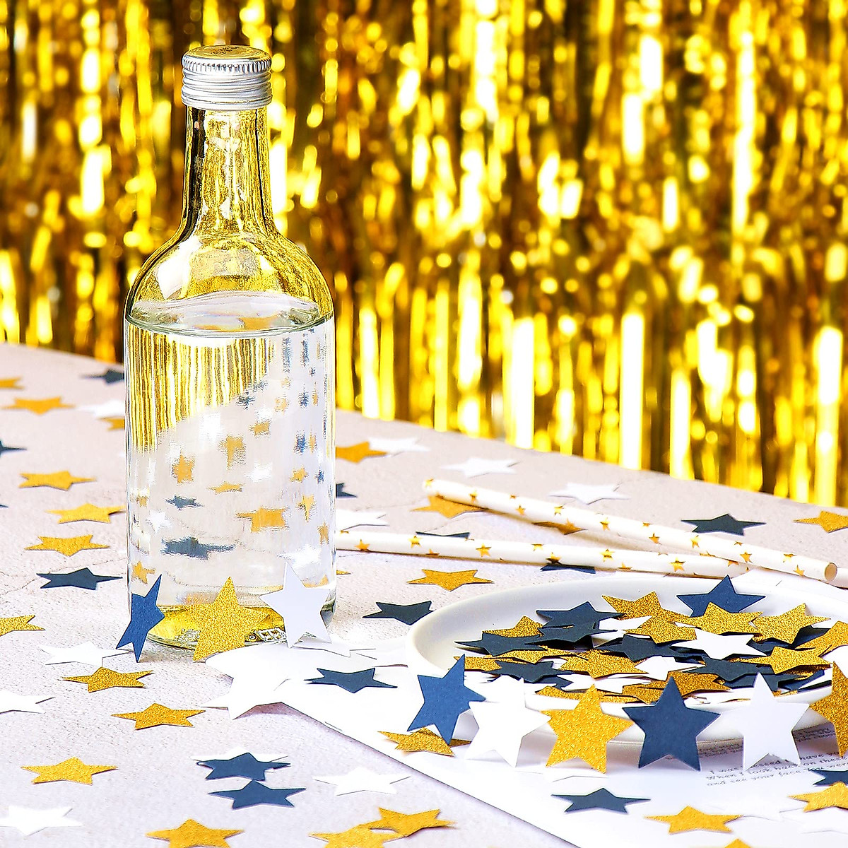 300pcs Navy Blue White Gold Confetti,Glitter Paper decor Twinkle Little Star Table Confetti,Birthday Graduation 2025 Fathers Day Wedding Baby Shower Party Decorations Circle Dots Lasting Surprise