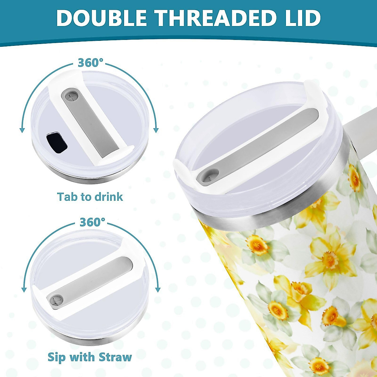 Yellow Daffodils Narcissus Tumbler with Handle and Straw Lid, Watercolo Garden Flowers 30 oz Insulated Coffee Cup Stainless Steel Water Bottle Travel Mug Cupholder Friendly,Gifts for Women Men
