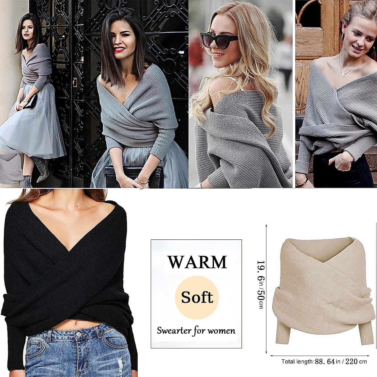 GLOWCHY Snowfall Sweater Scarf with Sleeves Cozy Knitted Wrap Shawl Autumn Winter Warm Crochet Cape Blanket GL2004