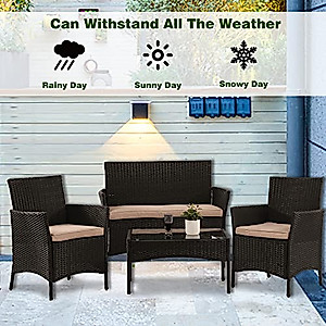 4 Pieces Patio Furniture Set Rattan Outside Furniture Wicker Sofa Garden Conversation Sets with Soft Cushion and Glass Table for Yard Pool or Backyard,Black