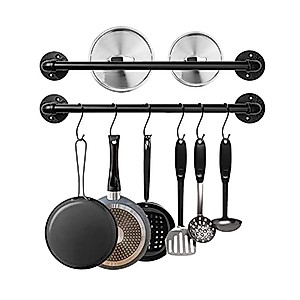 Bailoo Industrial Pipe Pot Pan Rack 21" (2 Pack), Wall mount Pot hangers Pan Hanging Rail Lid Hanger for kitchen with 10 S Hooks