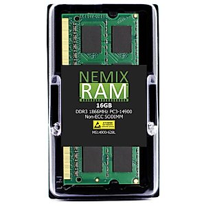 NEMIX RAM 16GB (1X16GB) DDR3 1866MHZ PC3-14900 2Rx8 1.35V 204-PIN Non-ECC SODIMM Laptop PC Memory