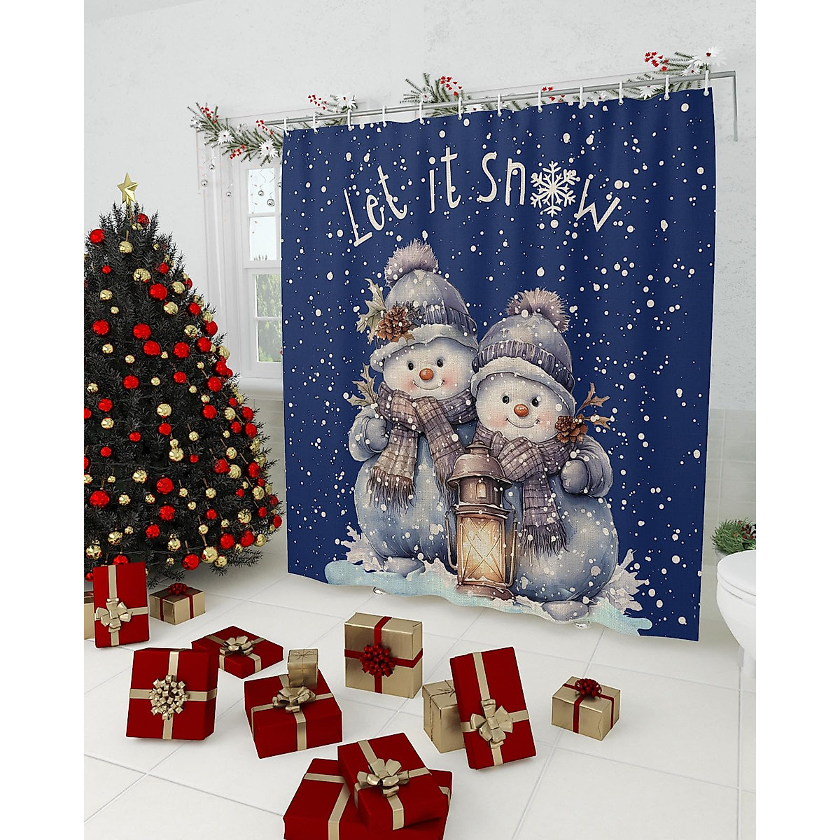 Navy Blue Snowman Christmas Shower Curtain, Xmas Pine Cones Botanical Stall Shower Curtains for Bathroom/Bathtub, Winter Snowflake Waterproof Fabric Shower Curtain Set with 12 Hooks, Standard 72"x72"