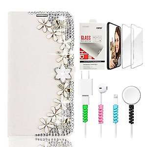 STENES Bling Wallet Phone Case Compatible with Samsung Galaxy S23 - Stylish - 3D Handmade Flowers Flowers Design Leather Cover with Screen Protector & Cable Protector - White
