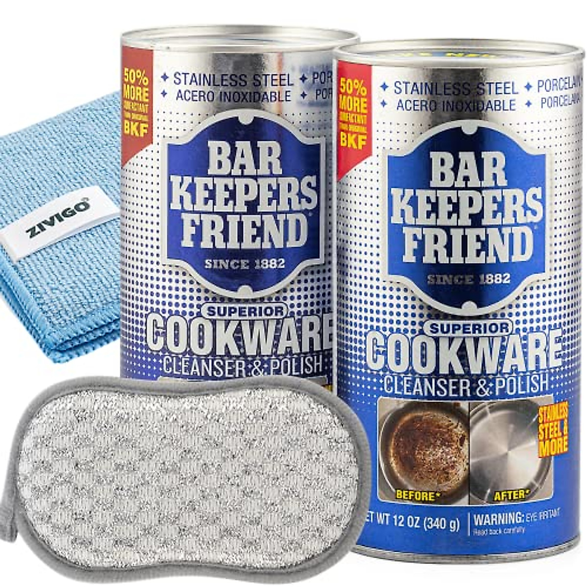 Bar Keepers, Friends Cookware Cleanser & Polish - 12oz (2 Pack) - Bundled With 1 Microfiber Towel and 1 Dual-Sided Scrubbing Sponge