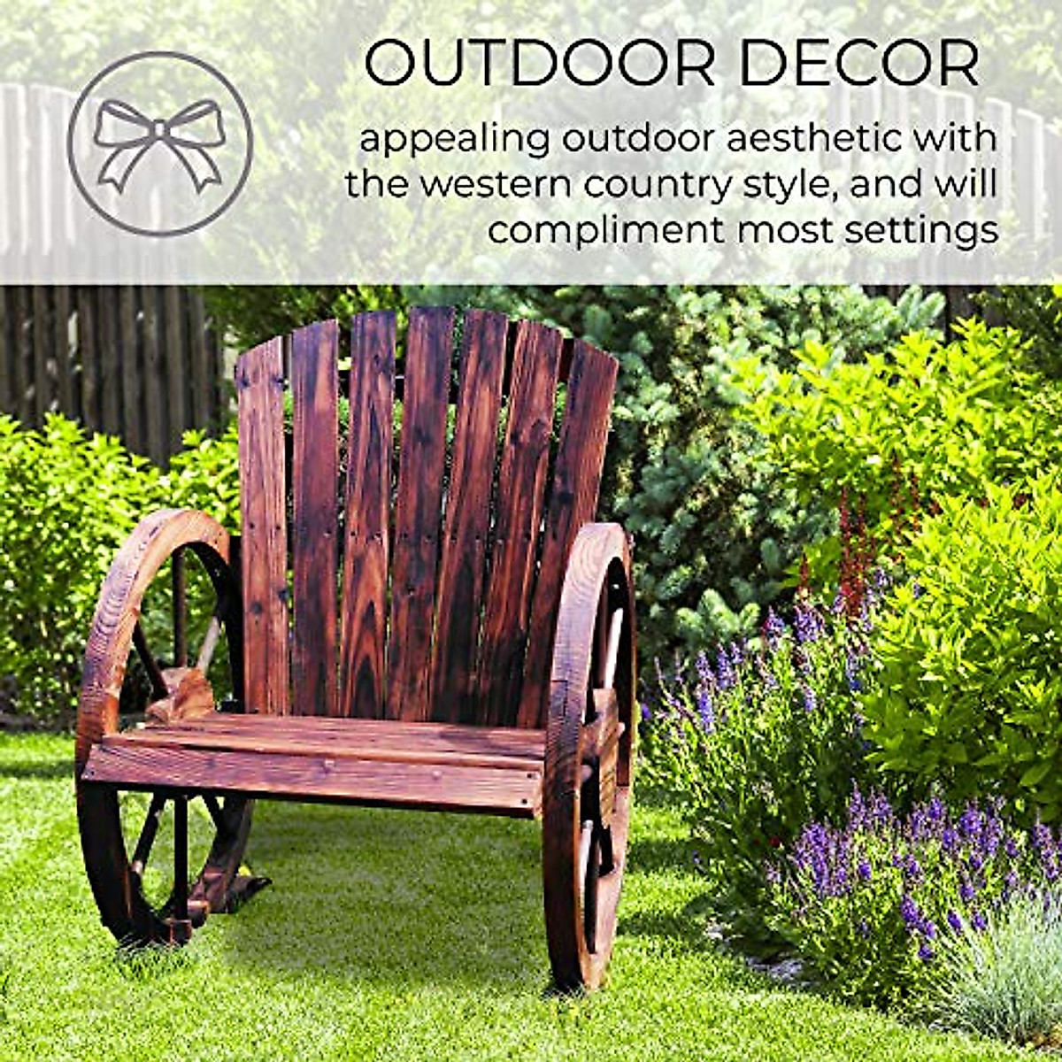 Wooden Wagon Wheel Chair Rustic Armrest Chair Outdoor Patio Furniture Wood Adirondack Chair, Slatted Seat for Garden Country Yard, Burnt-Finished - Backyard Expressions
