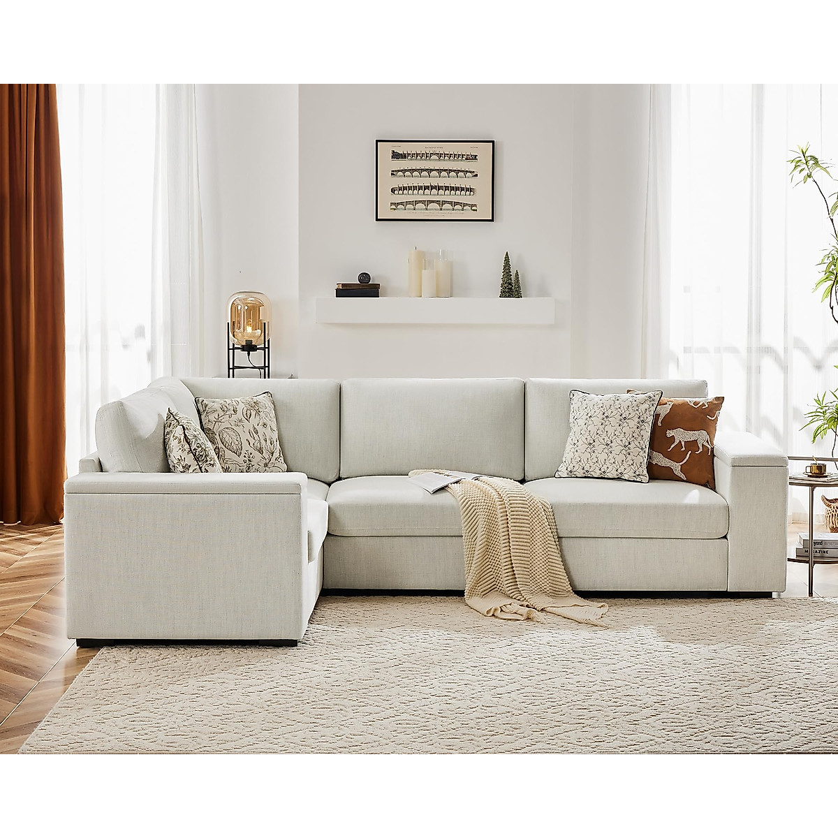 ABCASA 112" Modular Sectional Sofa Couch with Detachable Sofa Cover & Storage Armrest,L Shaped Couch for Living Room,Linen Fabric Corner Couch(5 Seater Sofa,Ivory)