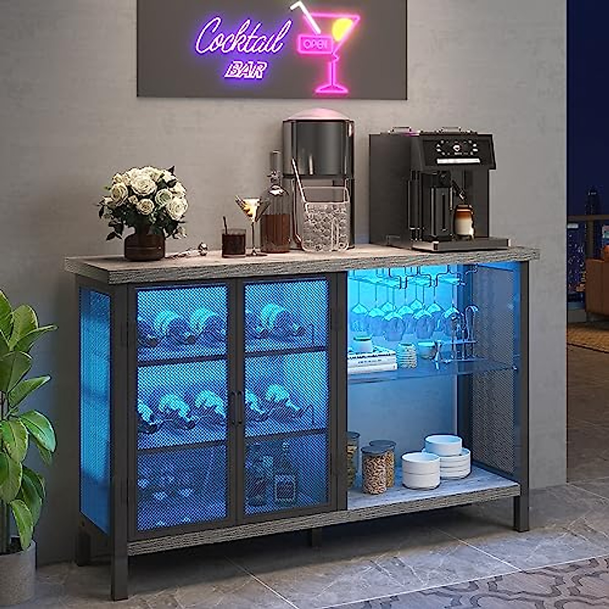 SOSPIRO Liquor Bar Cabinet with LED Lights, Industrial Wine Bar Cabinet with Wine Rack and Adjustable Shelves, Steel Coffee Bar for Home Dining Living Room Furniture, Grey