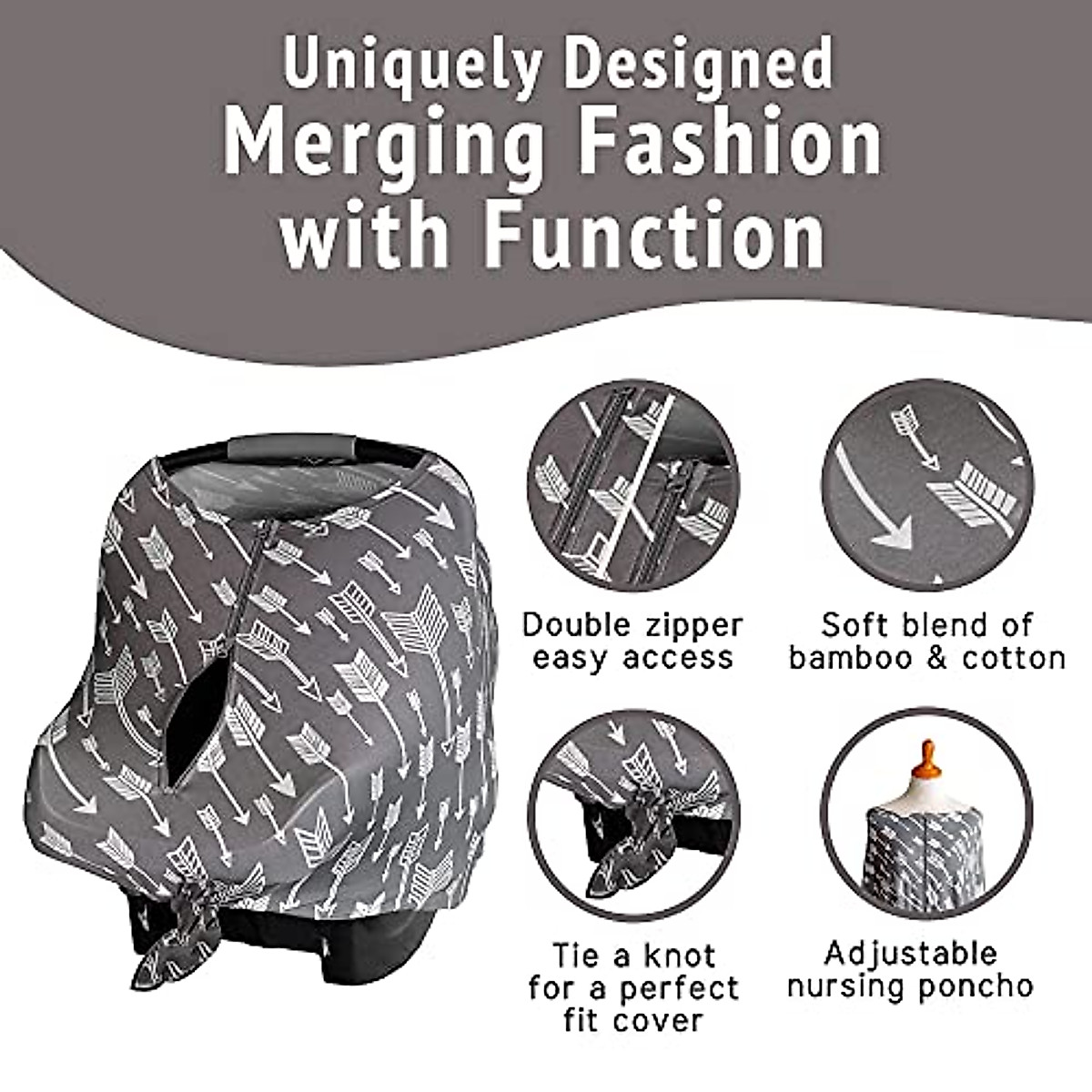 Baby Leaf Covers - Stretchy Multi Use Infant Car Seat and Stroller Canopy with Double Zipper, Breathable Nursing Poncho and Breastfeeding Scarf, Arrows