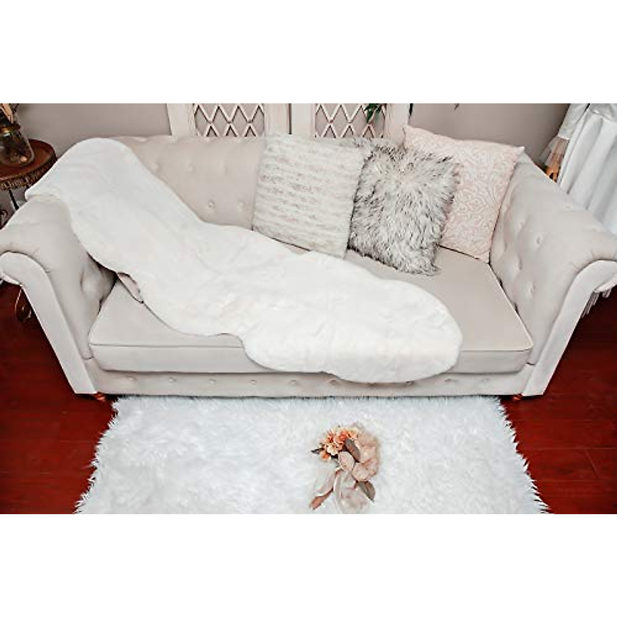 STAOLENE Ultra Soft Faux Rabbit Fur Chair Cover Couch Pad Fuzzy Area Rug Fluffy Bedside Carpet Mat for Bedroom Floor Sofa Living Room Rugs 2 x 6 ft,Creamy-White Fur Rug