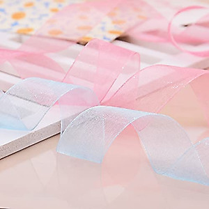 Hapeper 2 Rolls 1 Inch Sheer Organza Chiffon Ribbons for Gift Wrapping DIY Crafts Party Decoration, 50 Yards/ Roll (Pink, Light Blue)