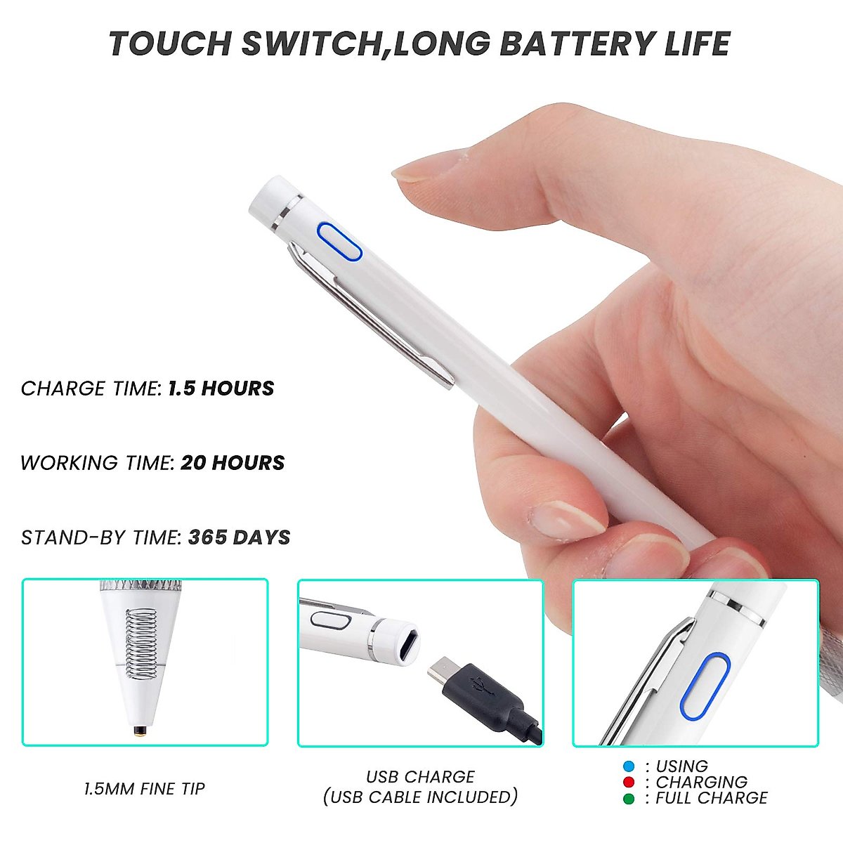Pencil for Samsung Galaxy Tab A7 A8 A9 Stylus, Rsepvwy Active Digital Stylus with 1.5mm Ultra Fine Tip Stylus Pen for Samsung Galaxy Tab A7 A8 A9,White