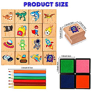 Zayvor Kids Stamps Set, Boy Wooden Rubber Stamp with Ink Pad Colored Pencil, Holiday Square Craft Stamp for Stamping Scrapbooking Crafting Booking Card Making Stocking Filler,Party Favor Gift