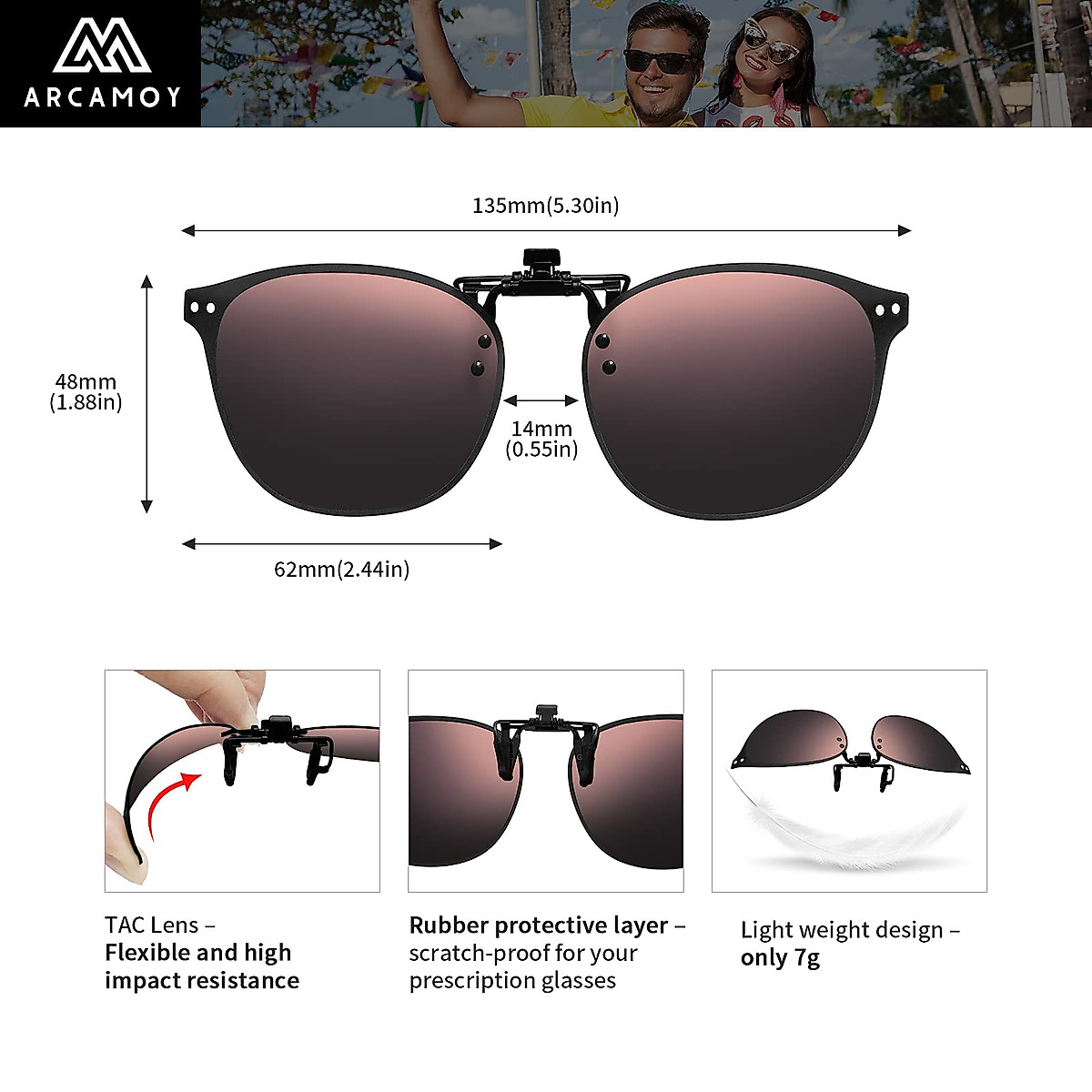 ARCAMOY Clip on Sunglasses Over Prescription Glasses Polarized Anti Glare Flip Up UV Protection Glasses For Men Women (Pink Flash)