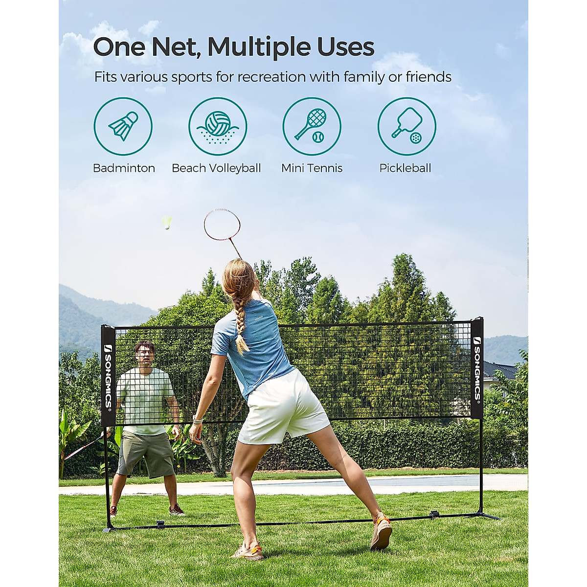 SONGMICS 10 ft Badminton Net, Height Adjustable Volleyball Net, Pickleball Net with Poles, Foldable Nylon Net for Tennis Indoor Outdoor Court, Black USYQ300HV1