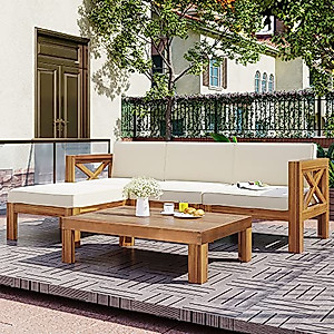 Goohome 5-Piece Wood Patio Furniture Set, L-Shaped Outdoor 3-Seater Sectional Sofa Seating Group ConversationSets with Coffee Table and Water-Resistant Cushions, for Patio, Backyard