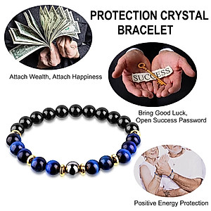Triple Protection Good Luck Bracelet, Men Women Blue Tiger Eye Black Obsidian Hematite Wealth Prosperity Happiness Bracelet, Courage Calming Stress Anxiety Healing Crystal Stone Beaded Bracelet, Agate