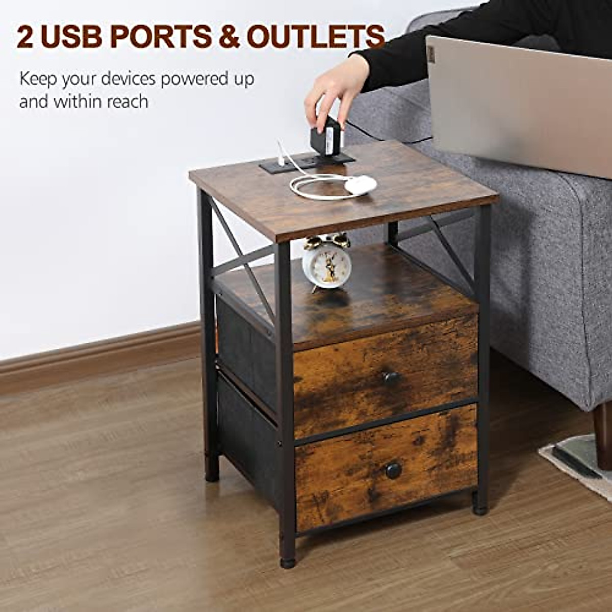 AMHANCIBLE End Table Living Room with Charging Station, Side Table with Fabric Drawer, Small Side Table with USB Ports and Outlets for Small Spaces Rustic Brown and Black HET05XBR1