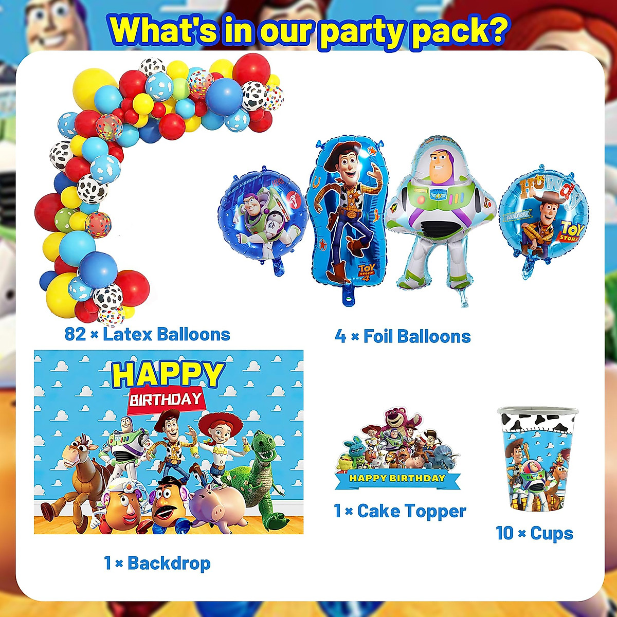 269Pcs Birthday Party Supplies, Cartoon Birthday Party Decorations for Serves 10 Guests, Include Backdrop, Cake & Cupcake Toppers, Latex Balloons, Tablecloth, Tableware, Foil Balloons and Stickers