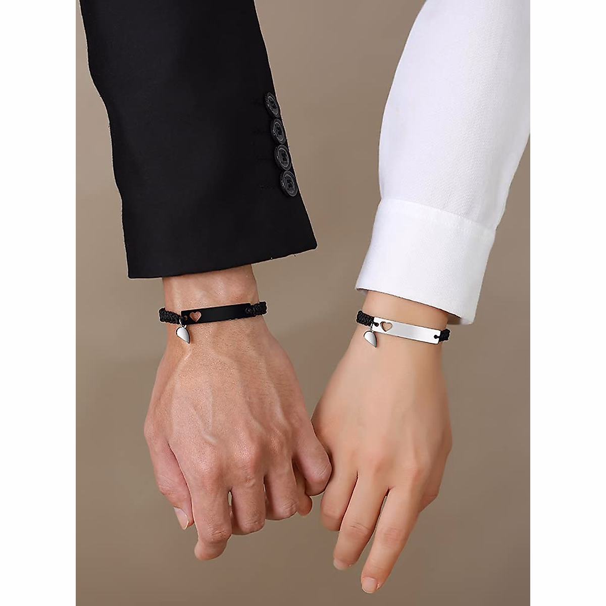 MEALGUET Personalized Heart Couple Bracelets,Customized Stainless Steel Matching Rope Braided Charm Bracelet For Lover Him Her Soulmates Friend for Anniversary Promise Valentine Day