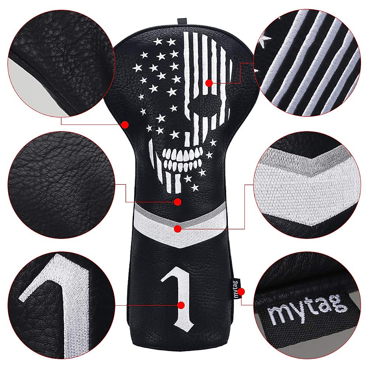 caiobob mytag Golf Skull Skeleton Head Cover Golf Club Black Leather Headcovers Set Fits Driver Fairway Wood Hybrid (One Set of 1, F, H)