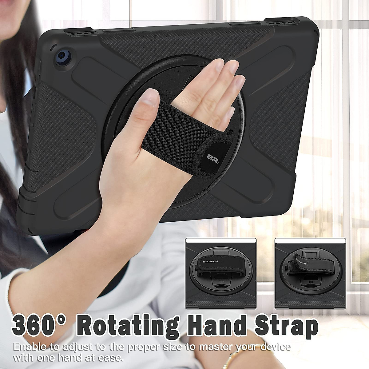 BRAECN Fire HD 10/HD 10 Plus 11th Generation 2021 Case,Heavy Duty Shockproof Protective Case with Rotating Hand Strap,Carrying Shoulder Strap,Kickstand for Amazon Fire HD 10 / HD 10 Plus Tablet-Black