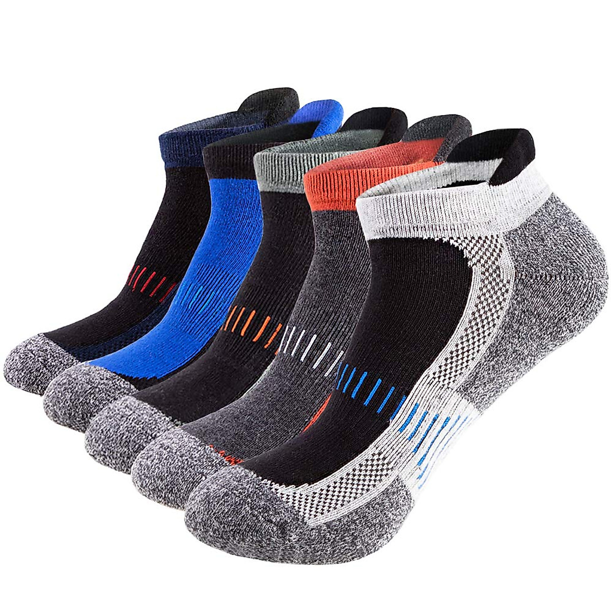 J.WMEET Mens Low Cut Ankle Athletic Socks Cotton Mesh Cushioned Running Ventilation Sports Tab Socks 5Pack
