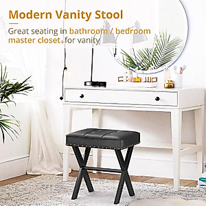 LUE BONA Vanity Stool, Square Faux Leather Makeup Stool with Metal X Legs, Small Ottoman Stool Chair for Vanity, Modern Padded Vanity Seat Foot Rest Stool for Makeup Room, Living Room, Black