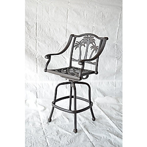 Palm Tree Outdoor Patio Set 6pc Swivel Barstools 30" H Dark Bronze Cast Aluminum, Walnut Cushions