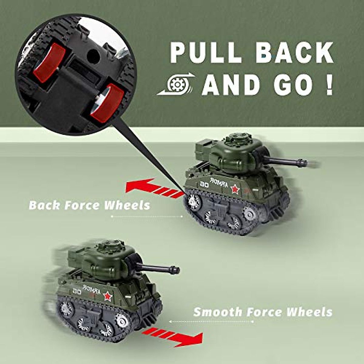 Pull Back Military Vehicles Tank Toys for Boys, 8 Pull Back Toy Army Tanks with Army Men Military Road Sign, Small Diecast Tanks Military Toy Army Car Truck Toys Gift for Kids Age 3 4 5 Years Old