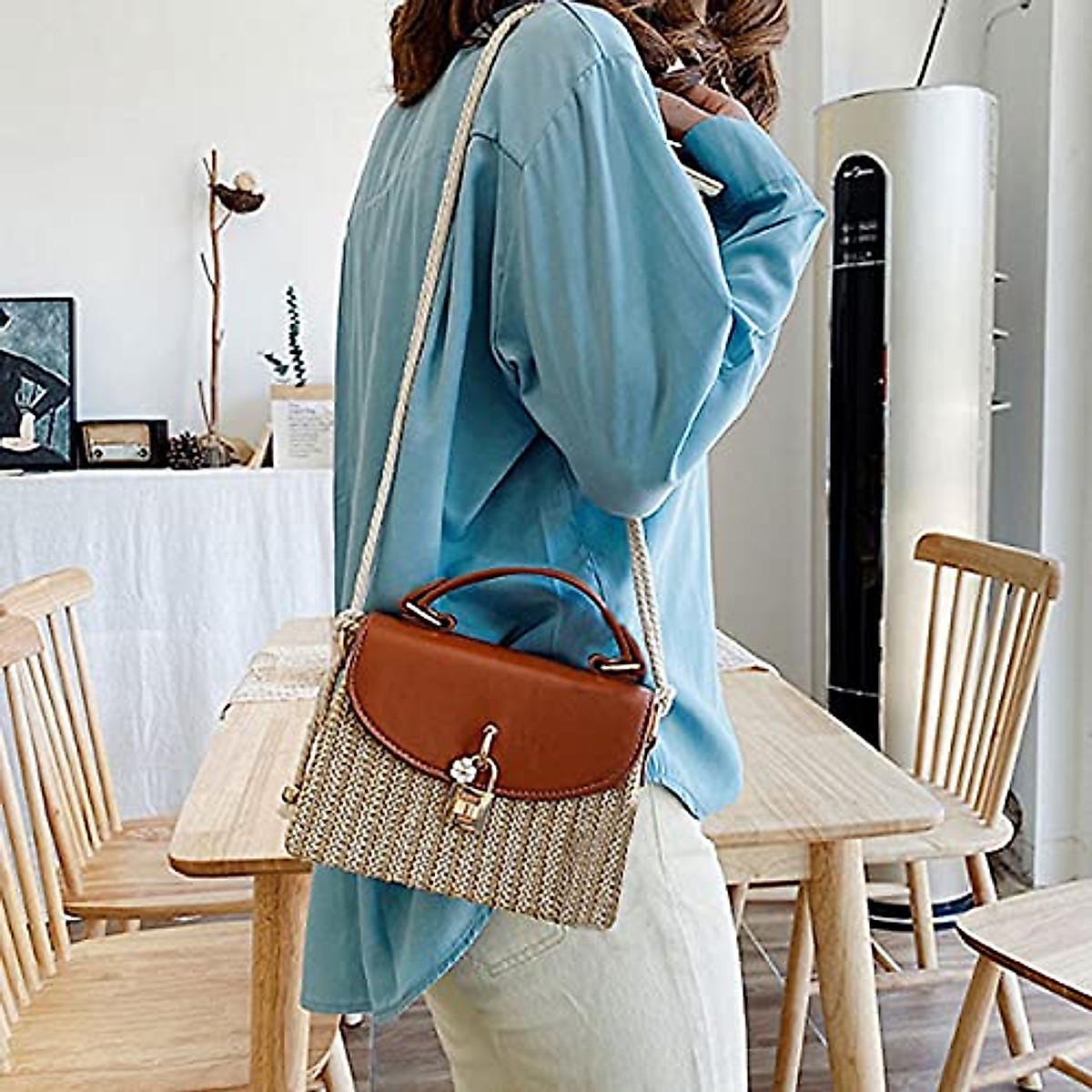 Meyaus Women Mini Lock Decoration Straw Woven Cross-body Shoulder Bag PU Leather Flap Top-handle Bag Handbag